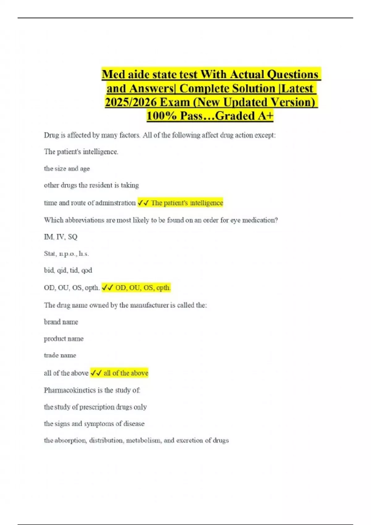 Med aide state test With Actual Questions and Answers| Complete ...