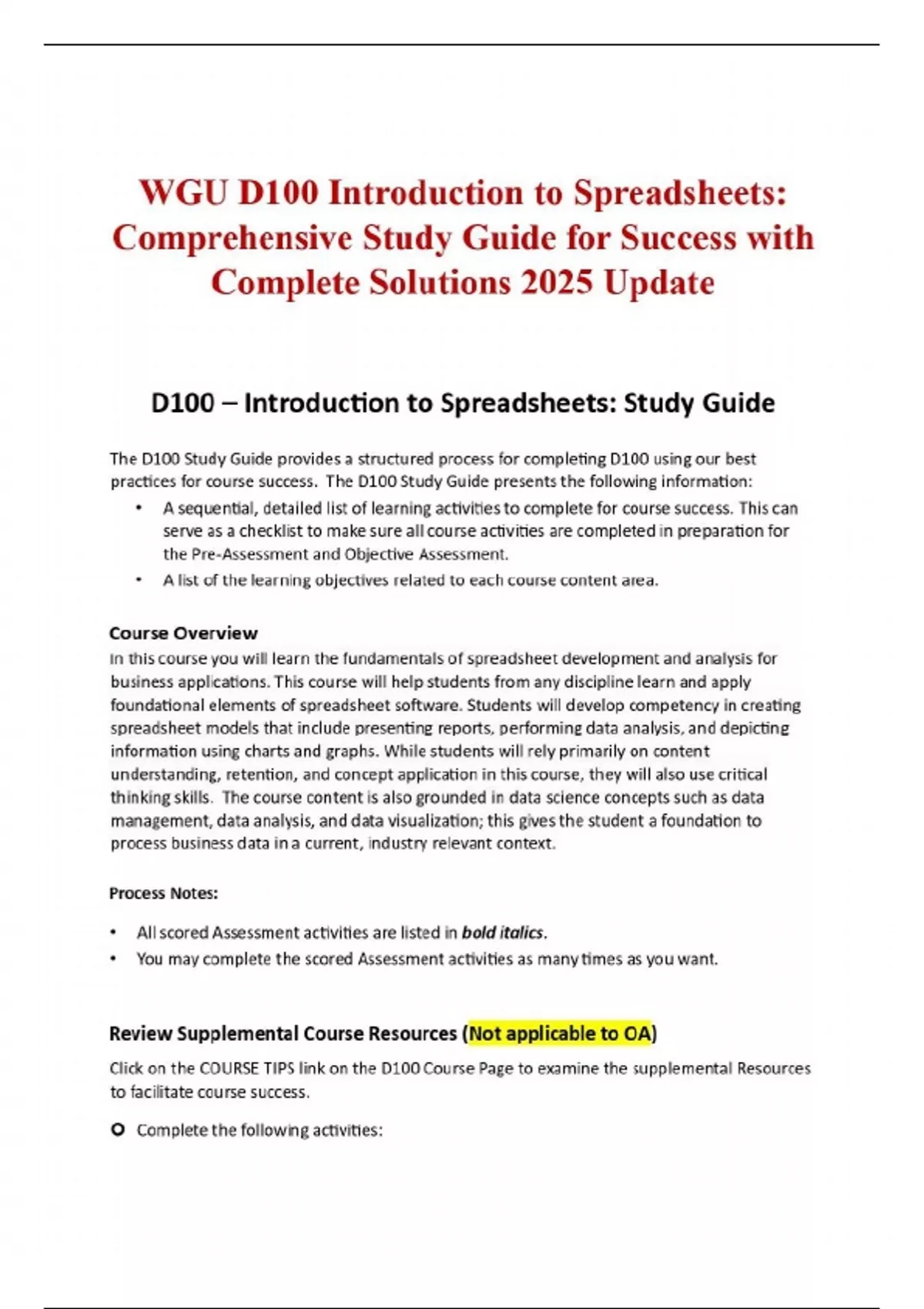 WGU D100 Introduction to Spreadsheets: Comprehensive Study Guide for Success with Complete ...