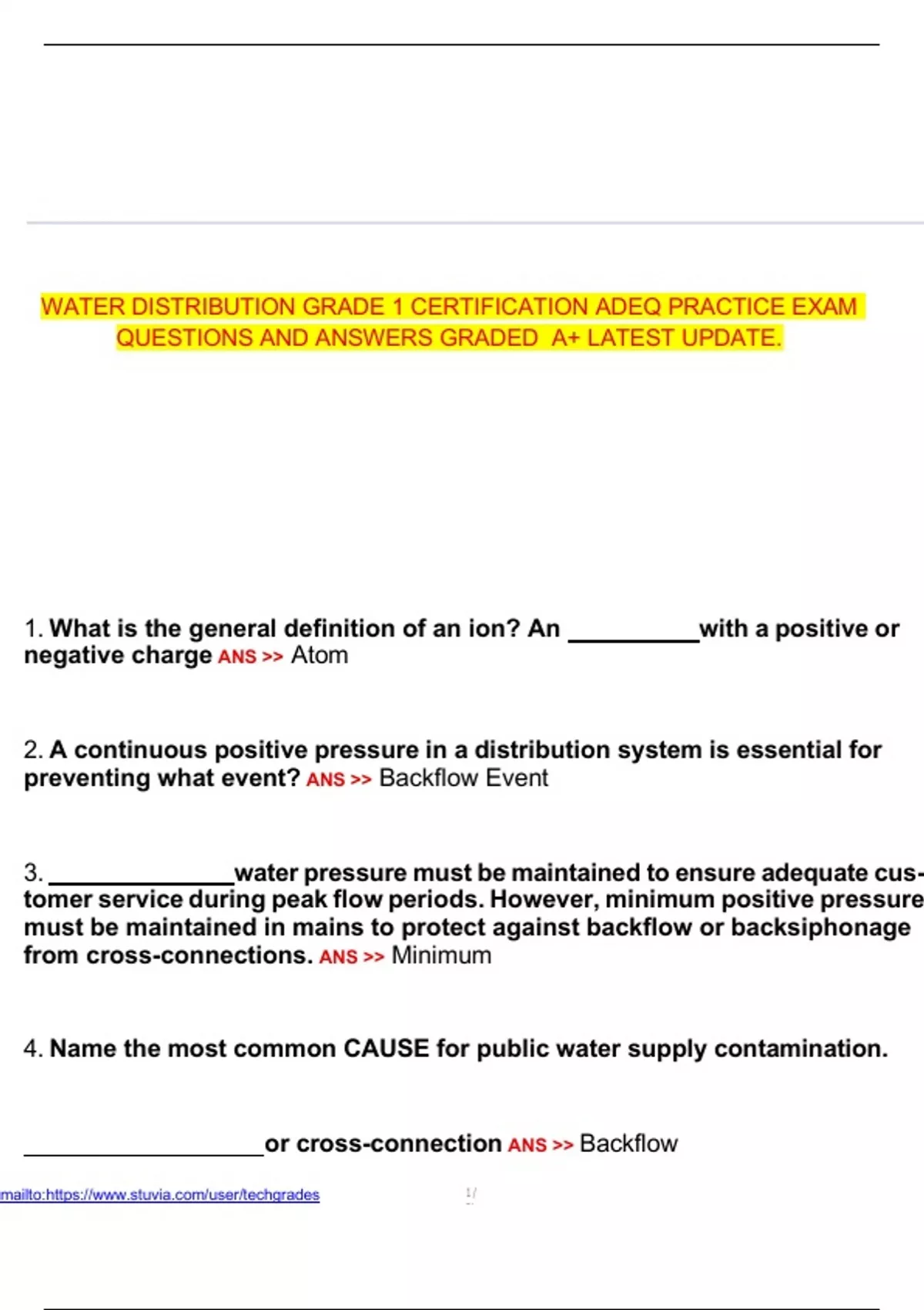 WATER DISTRIBUTION GRADE 1 CERTIFICATION ADEQ PRACTICE EXAM QUESTIONS AND ANSWERS GRADED A+ ...