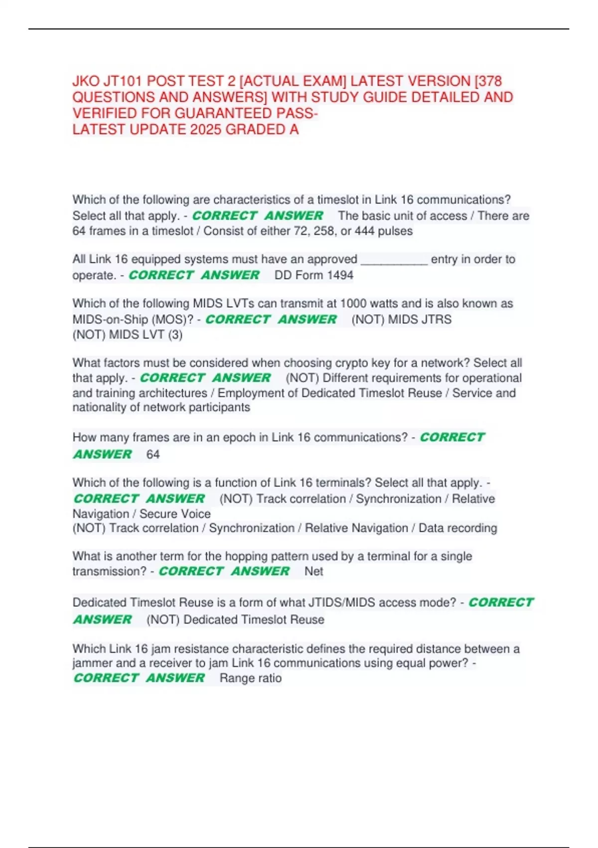 JKO JT101 POST TEST 2 [ACTUAL EXAM] LATEST VERSION [378 QUESTIONS AND ...