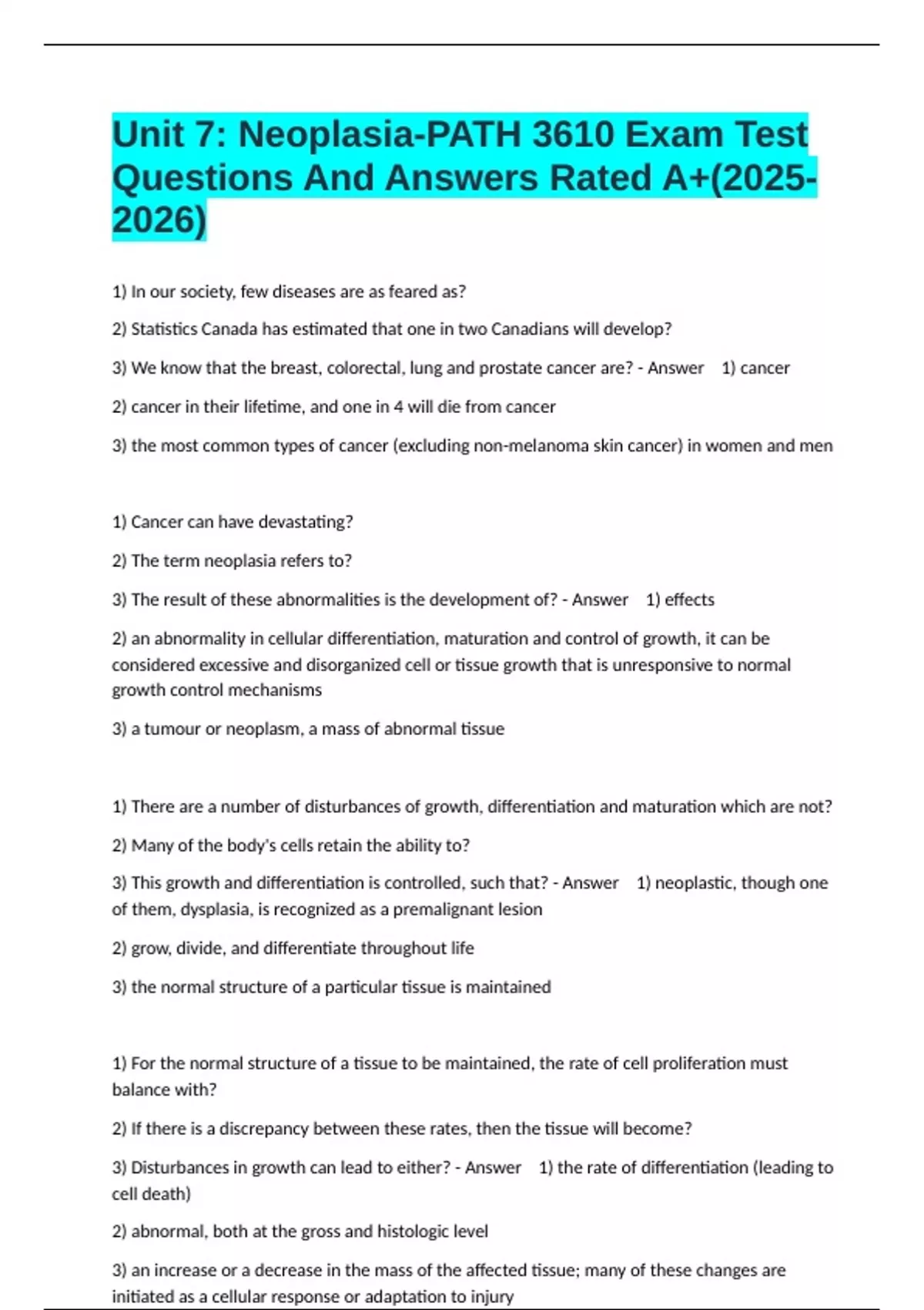 Unit 7: Neoplasia-PATH 3610 Exam Test Questions And Answers Rated A+ ...
