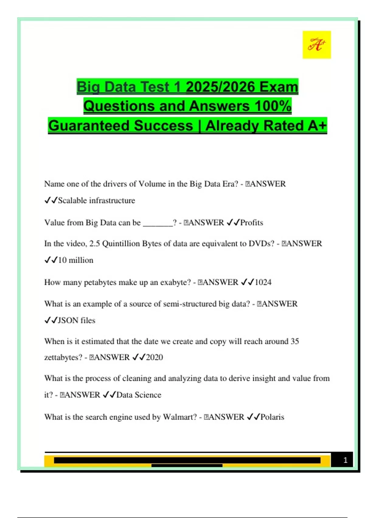 Big Data Test 1 – 70 High-Scoring Questions with Verified Answers ...