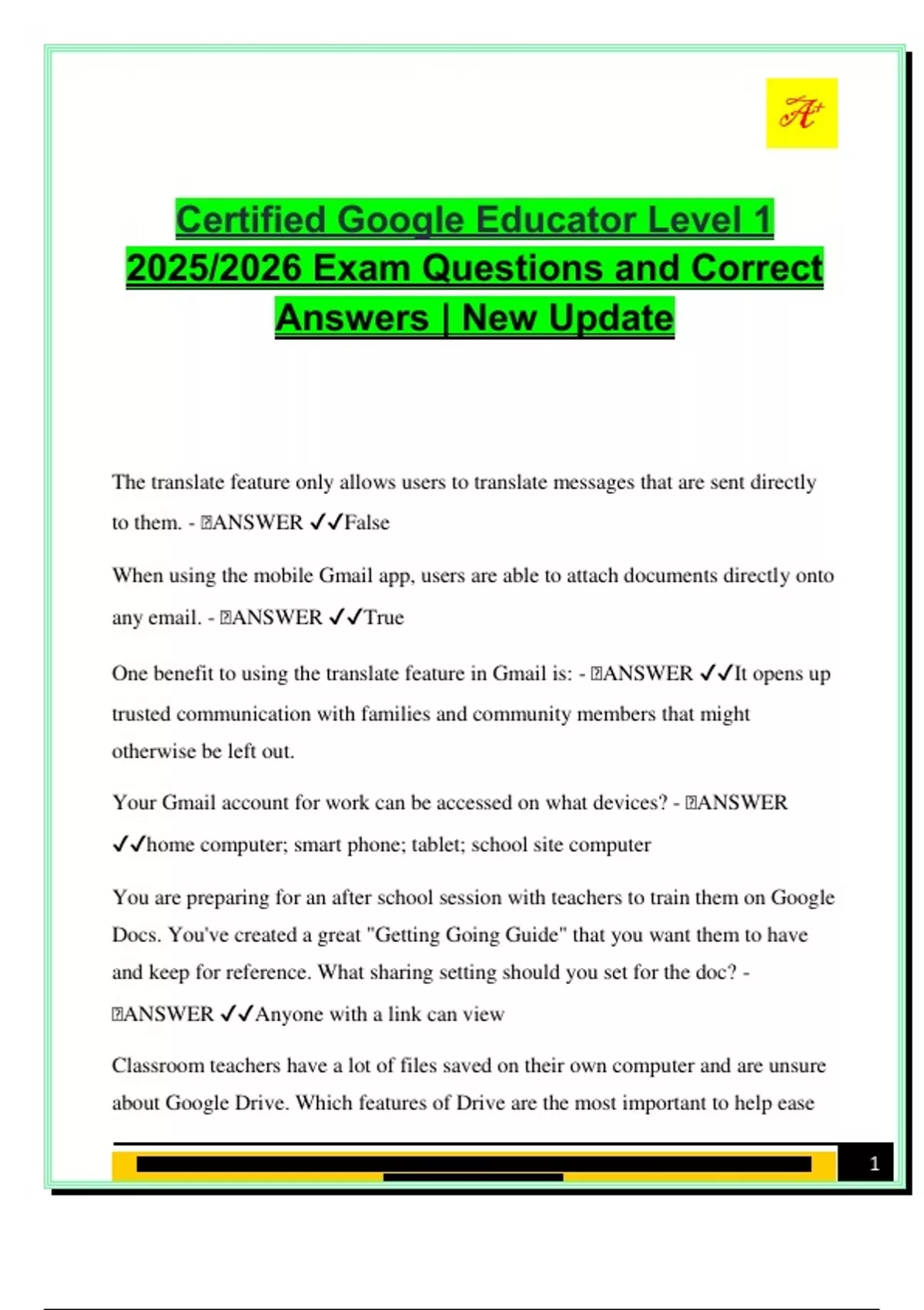 Certified Google Educator Level 1 – 250+ Verified Exam Questions with ...
