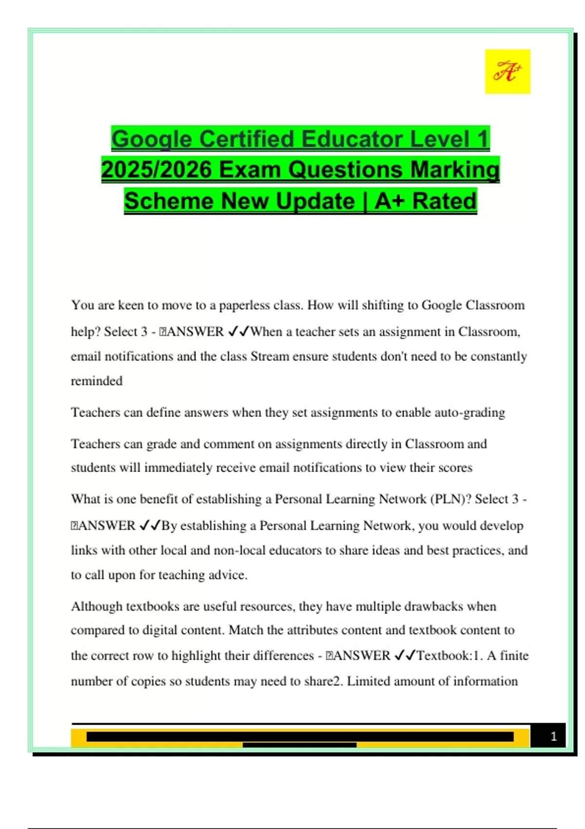 Google Certified Educator Level 1 Exam 2025/2026 – 60+ Solved Questions & A+ Verified Marking ...