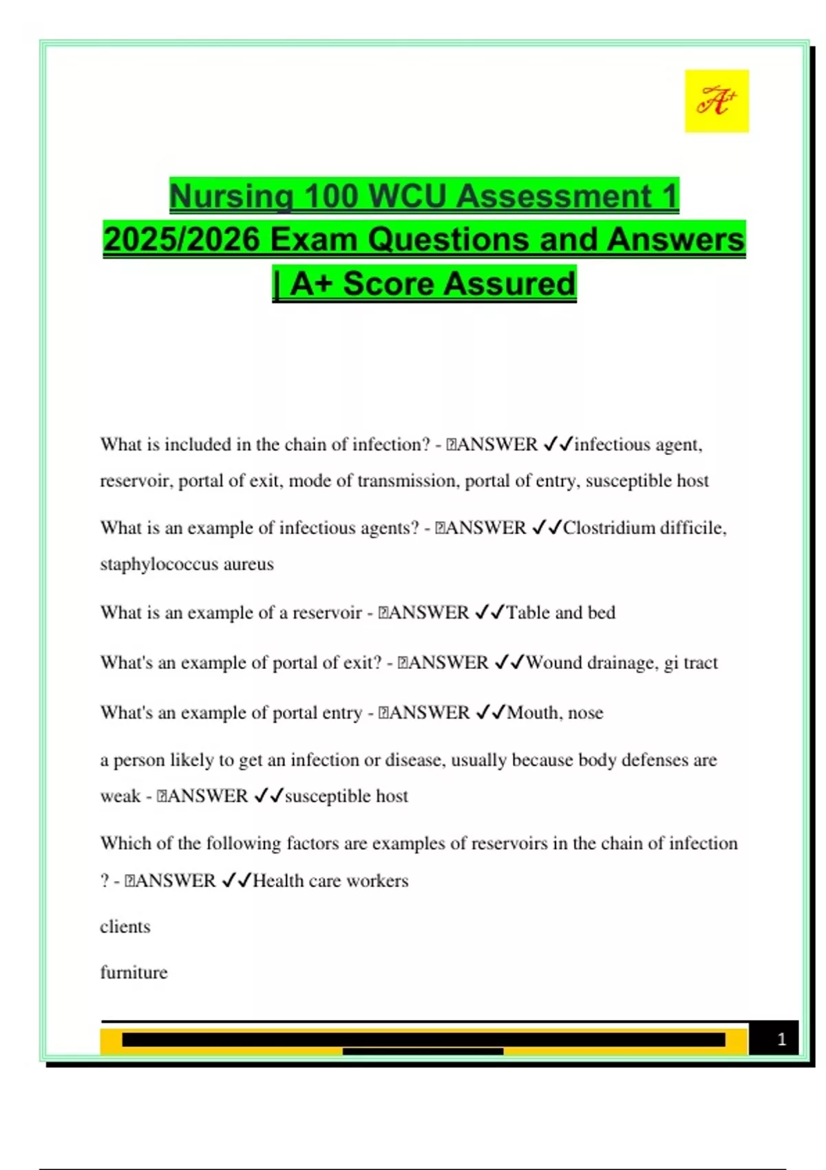 NURS 100 Assessment 1 Exam Guide 2025/2026 – 100+ Verified Flashcards ...
