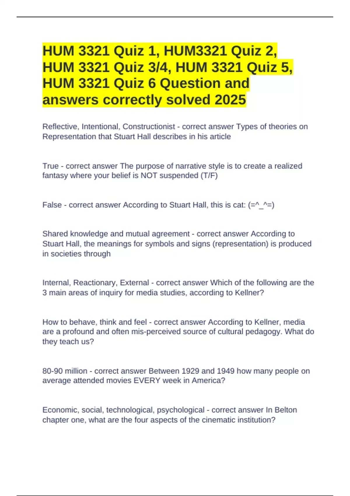 HUM 3321 Quiz 1, HUM3321 Quiz 2, HUM 3321 Quiz 3/4, HUM 3321 Quiz 5 ...
