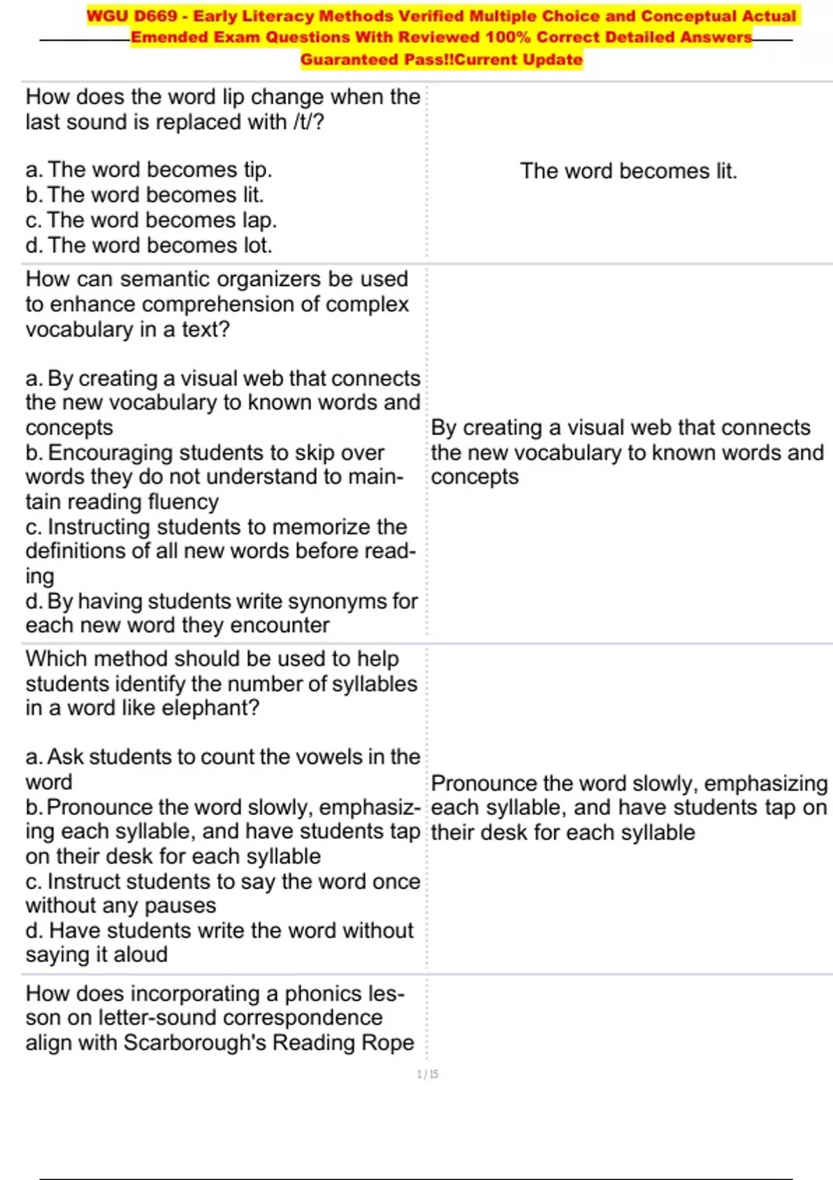 WGU D669 - Early Literacy Methods Verified Multiple Choice and ...