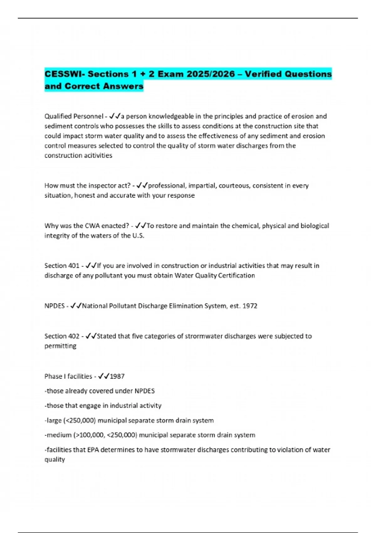 CESSWI- Sections 1 + 2 Exam 2025/2026 – Verified Questions and Correct ...