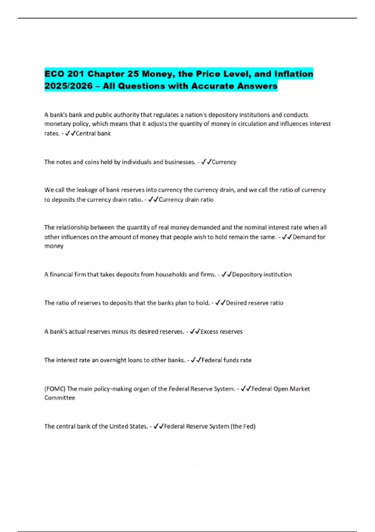 ECO 201 Chapter 25 Money, the Price Level, and Inflation 2025/2026 – All Questions with Accurate ...