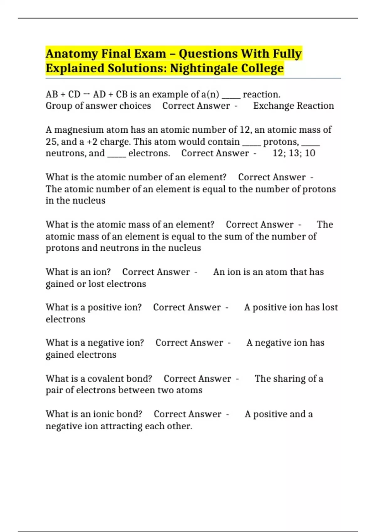 Anatomy Final Exam – Questions With Fully Explained Solutions: Nightingale College - NIGHTINGALE ...