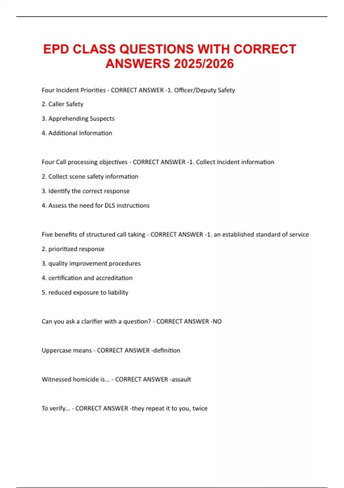 EPD CLASS QUESTIONS WITH CORRECT ANSWERS 2025/2026 - IAED EPD - Stuvia US