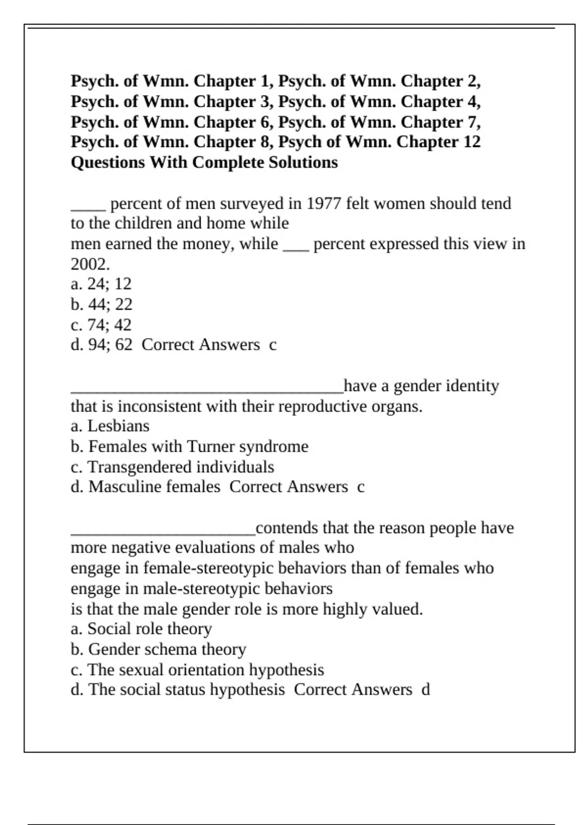 Psych. of Wmn. Chapter 1, Psych. of Wmn. Chapter 2, Psych. of Wmn. Chapter 3, Psych. of Wmn ...
