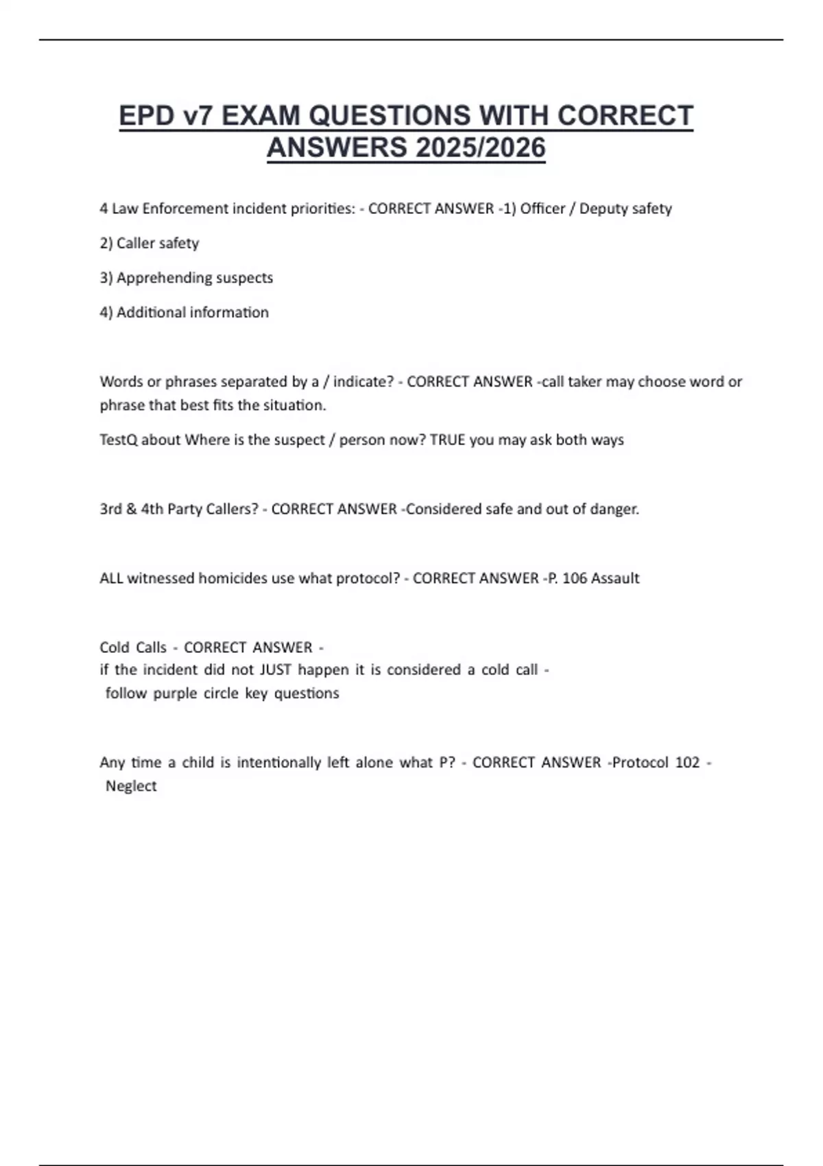 EPD v7 EXAM QUESTIONS WITH CORRECT ANSWERS 2025/2026 - IAED EPD - Stuvia US