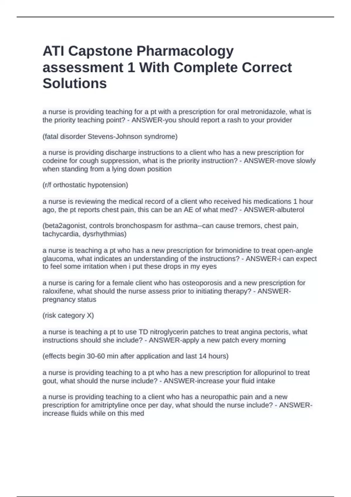 ATI Capstone Pharmacology assessment 1 With Complete Correct Solutions ...