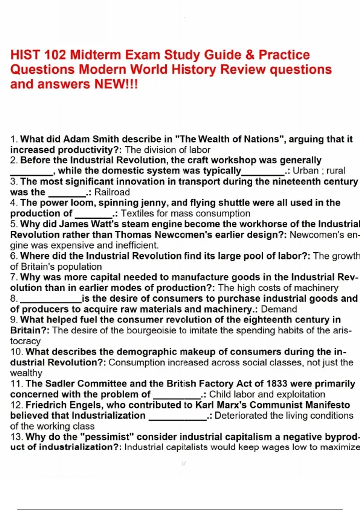 HIST 102 Midterm Exam Study Guide & Practice Questions Modern World History Review questions and ...