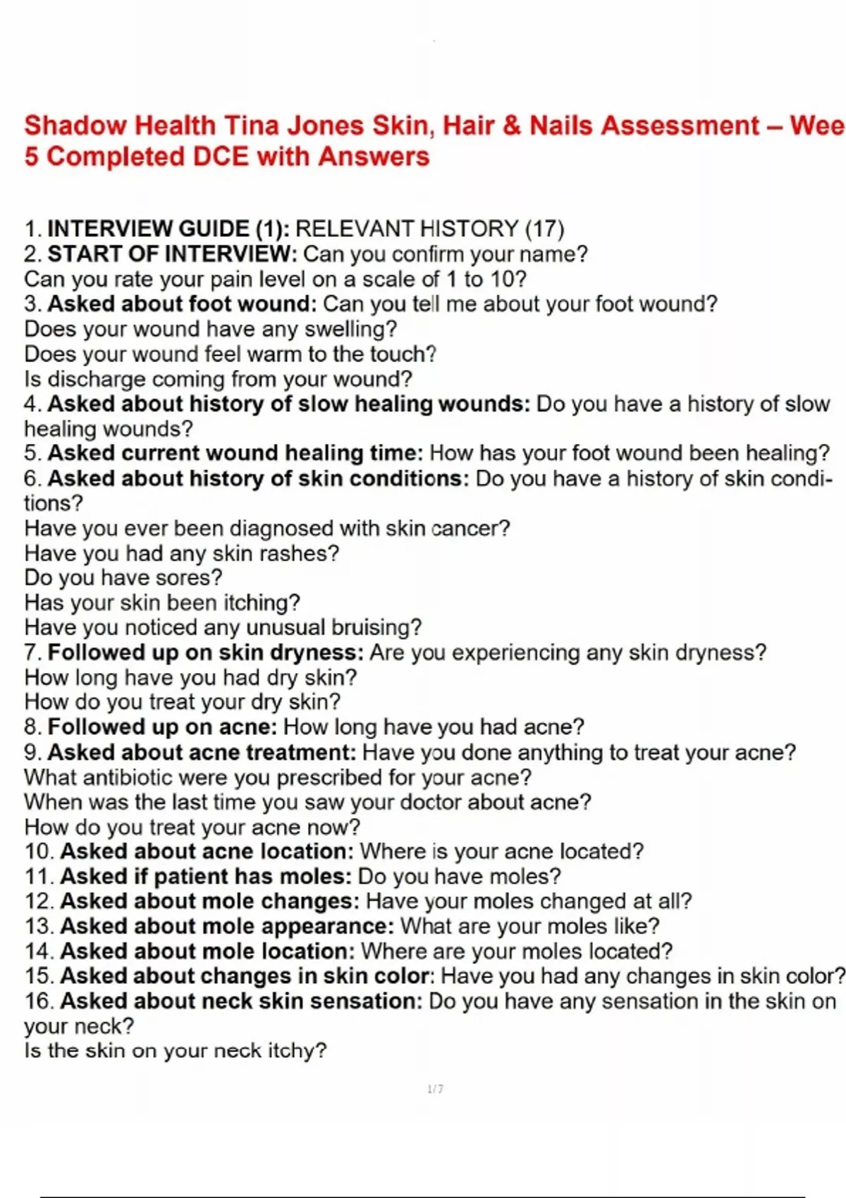 Shadow Health Tina Jones Skin, Hair & Nails Assessment – Week 5 Completed DCE with Answers.pdf ...