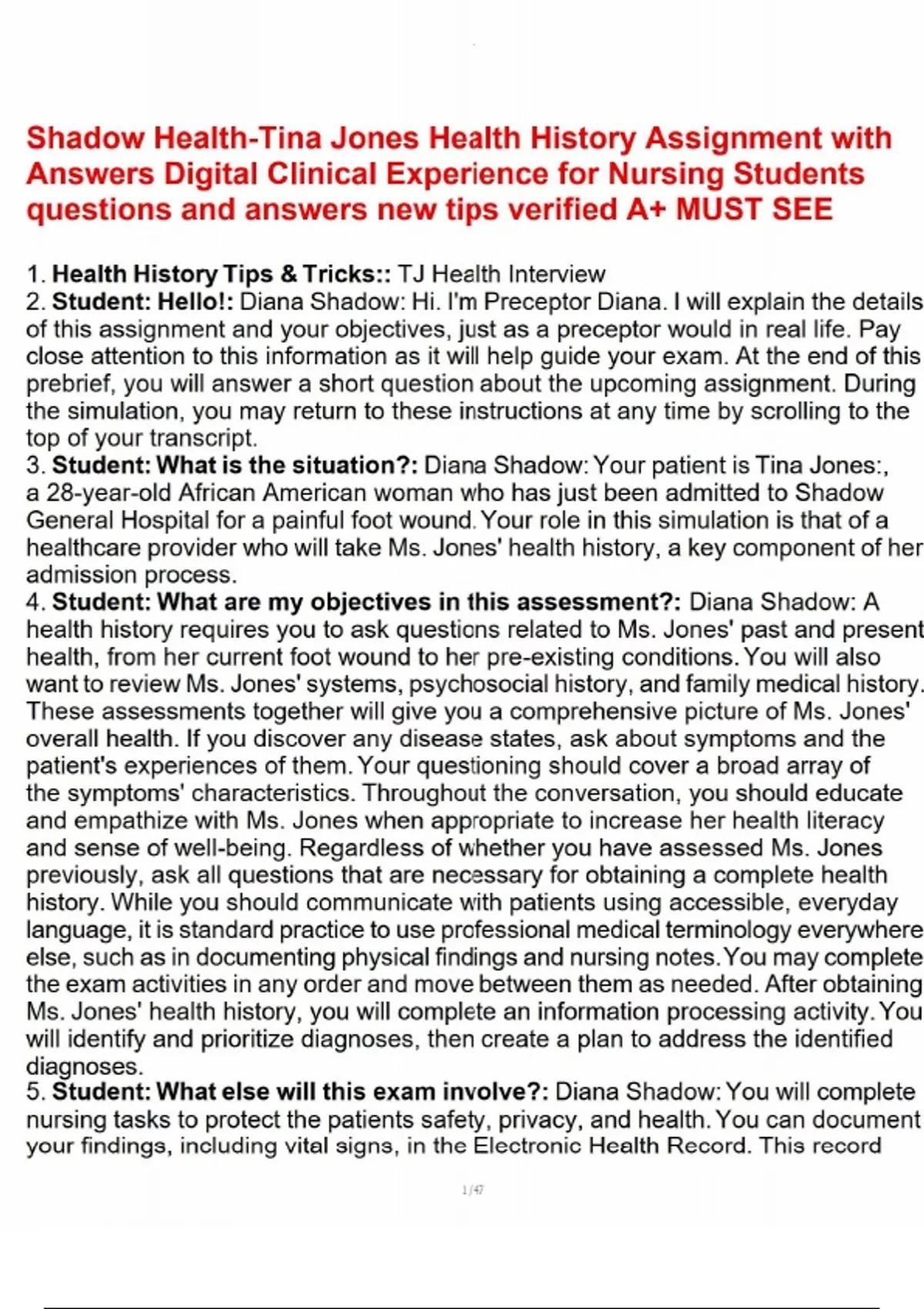 Shadow Health-Tina Jones Health History Assignment with Answers Digital ...