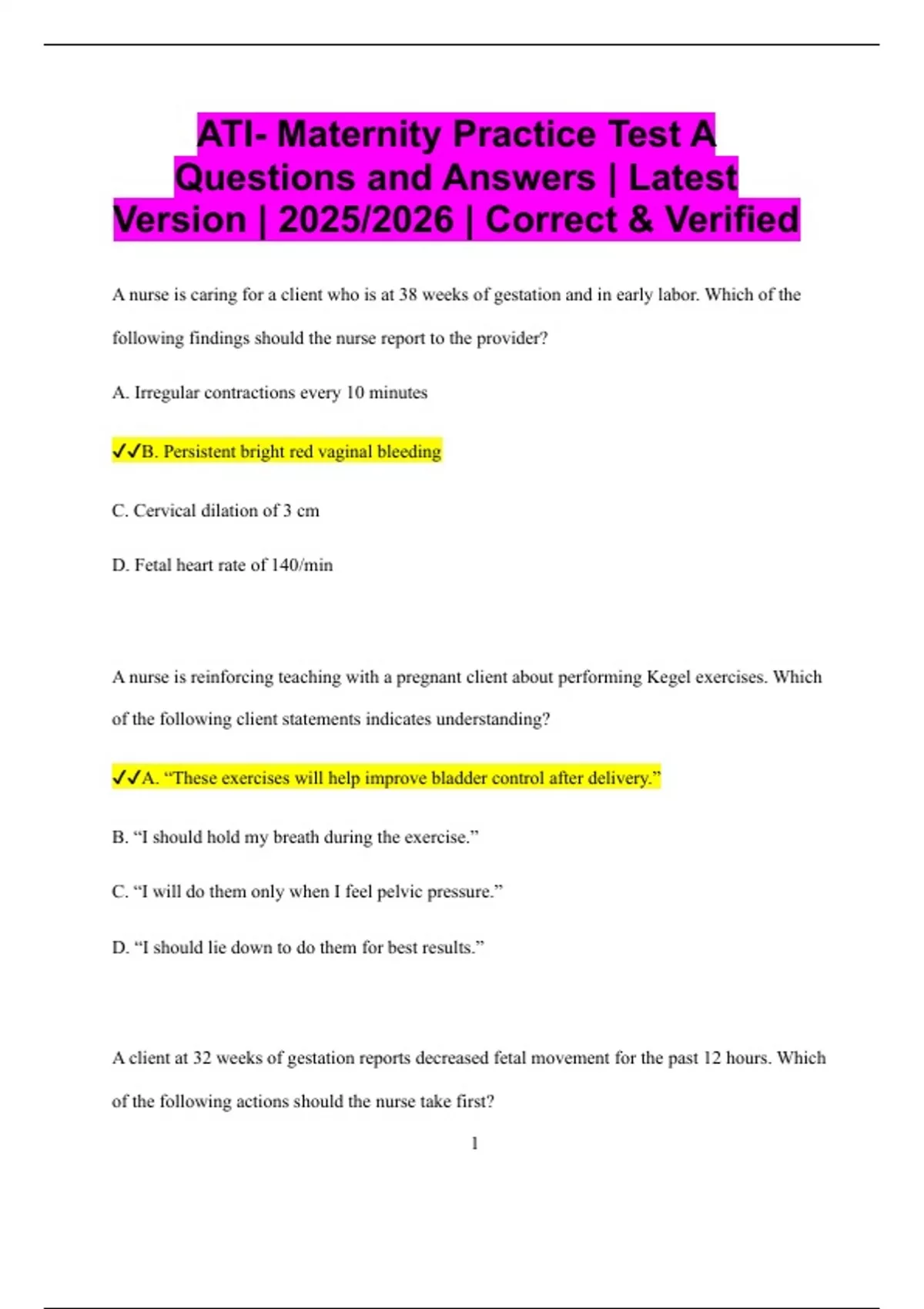 ATI- Maternity Practice Test A Questions and Answers | Latest Version ...