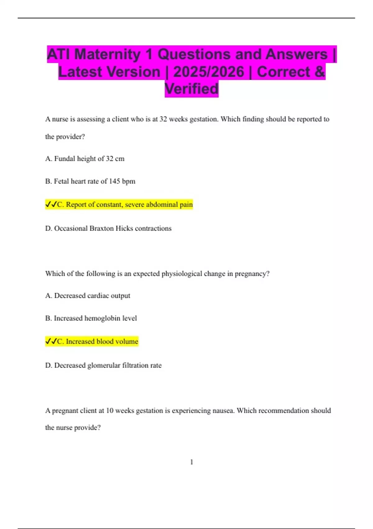 ATI Maternity 1 Questions and Answers | Latest Version | 2025/2026 ...