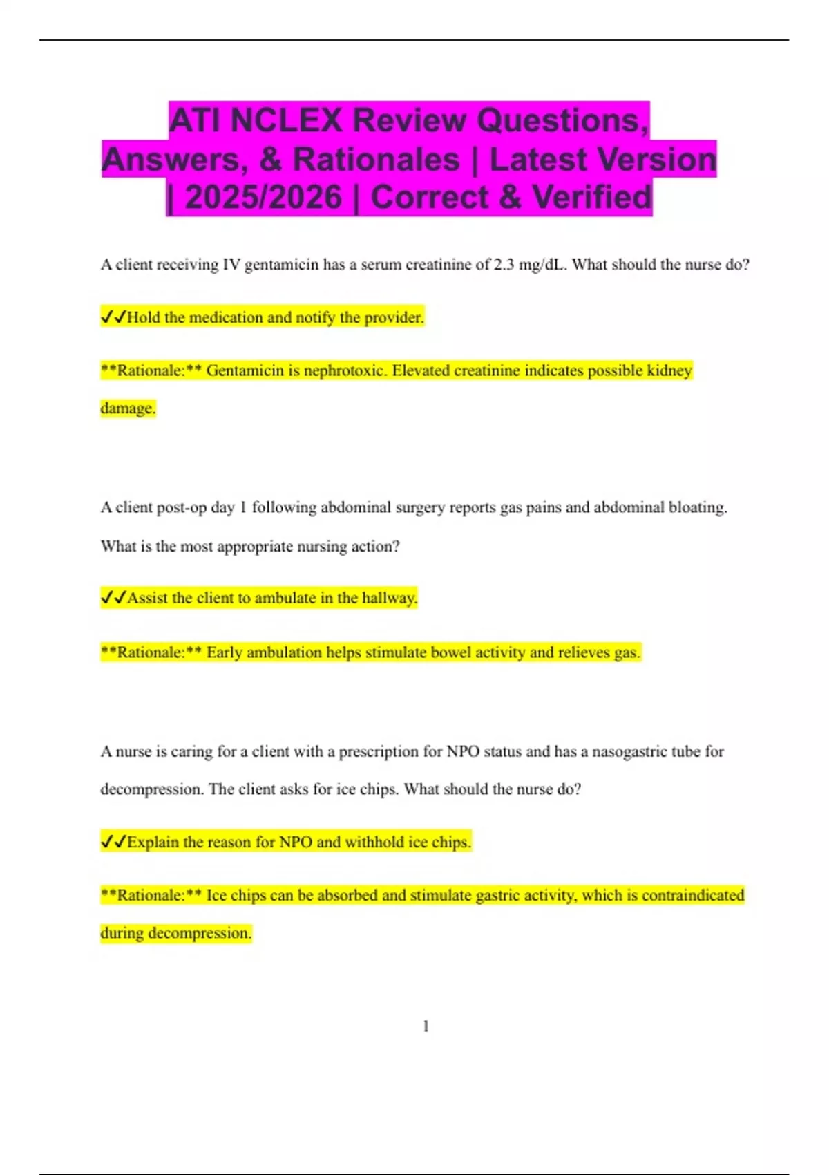 ATI NCLEX Review Questions, Answers, & Rationales | Latest Version ...