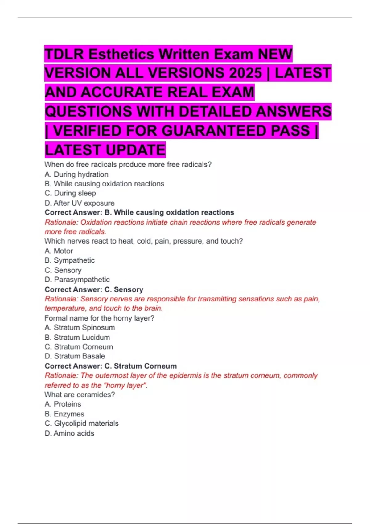 TDLR Esthetics Written Exam NEW VERSION ALL VERSIONS 2025 | LATEST AND ...