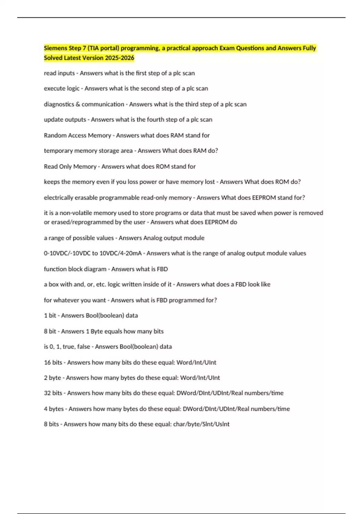 Siemens Step 7 (TIA portal) programming, a practical approach Exam ...
