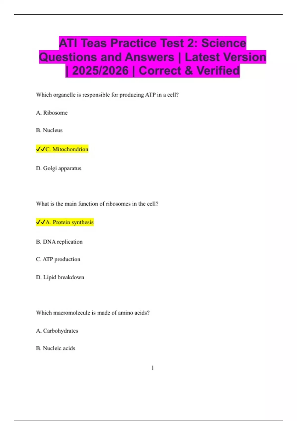ATI Teas Practice Test 2: Science Questions and Answers | Latest ...