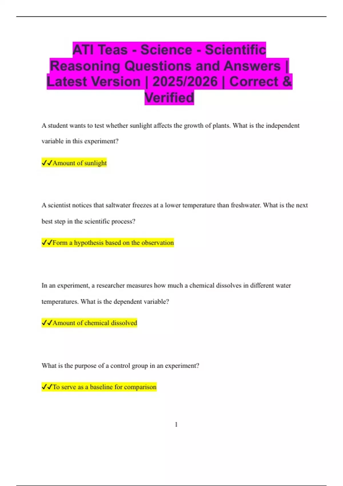 ATI Teas - Science - Scientific Reasoning Questions and Answers ...