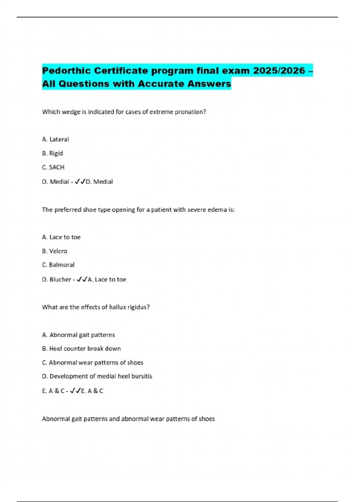 Pedorthic Certificate program final exam 2025/2026 – All Questions with ...
