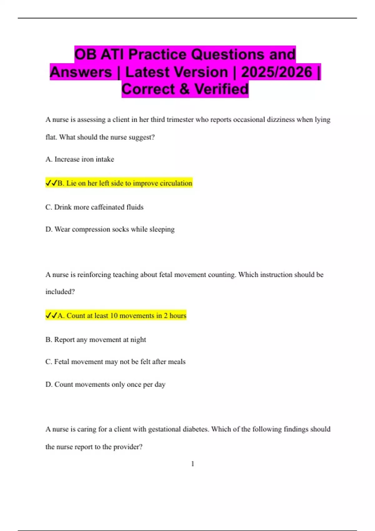 OB ATI Practice Questions and Answers | Latest Version | 2025/2026 ...