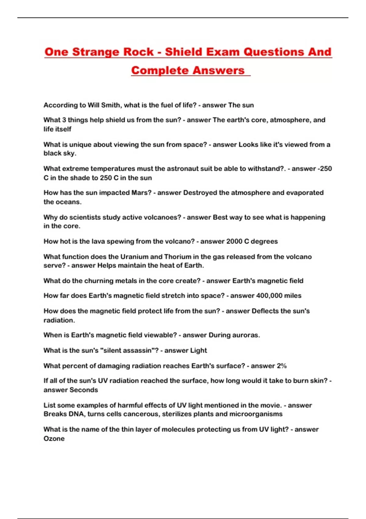 One Strange Rock - Shield Exam Questions And Complete Answers - One ...