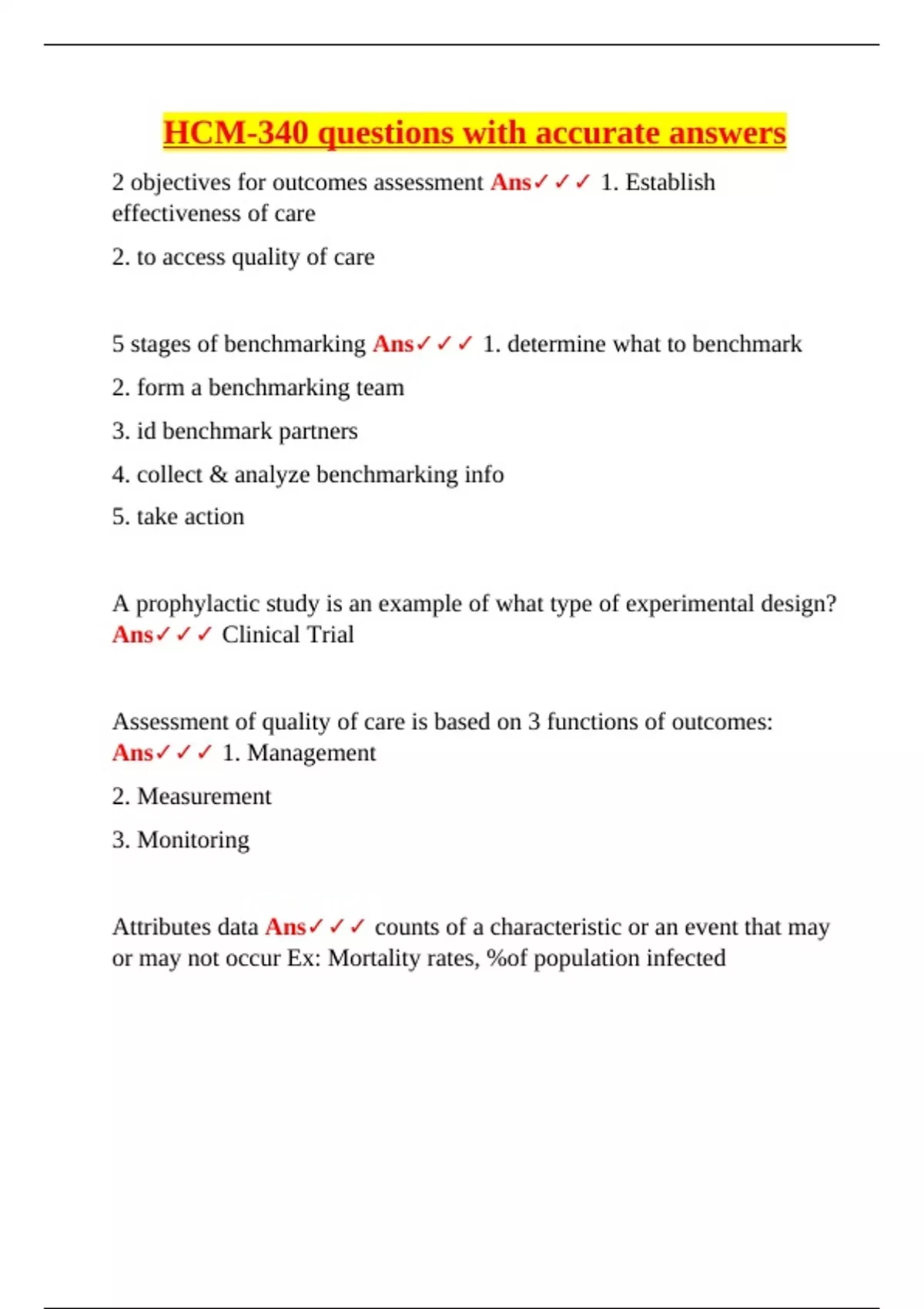 HCM 340 – Comprehensive Study Guide with Accurate Answers | Health Care ...