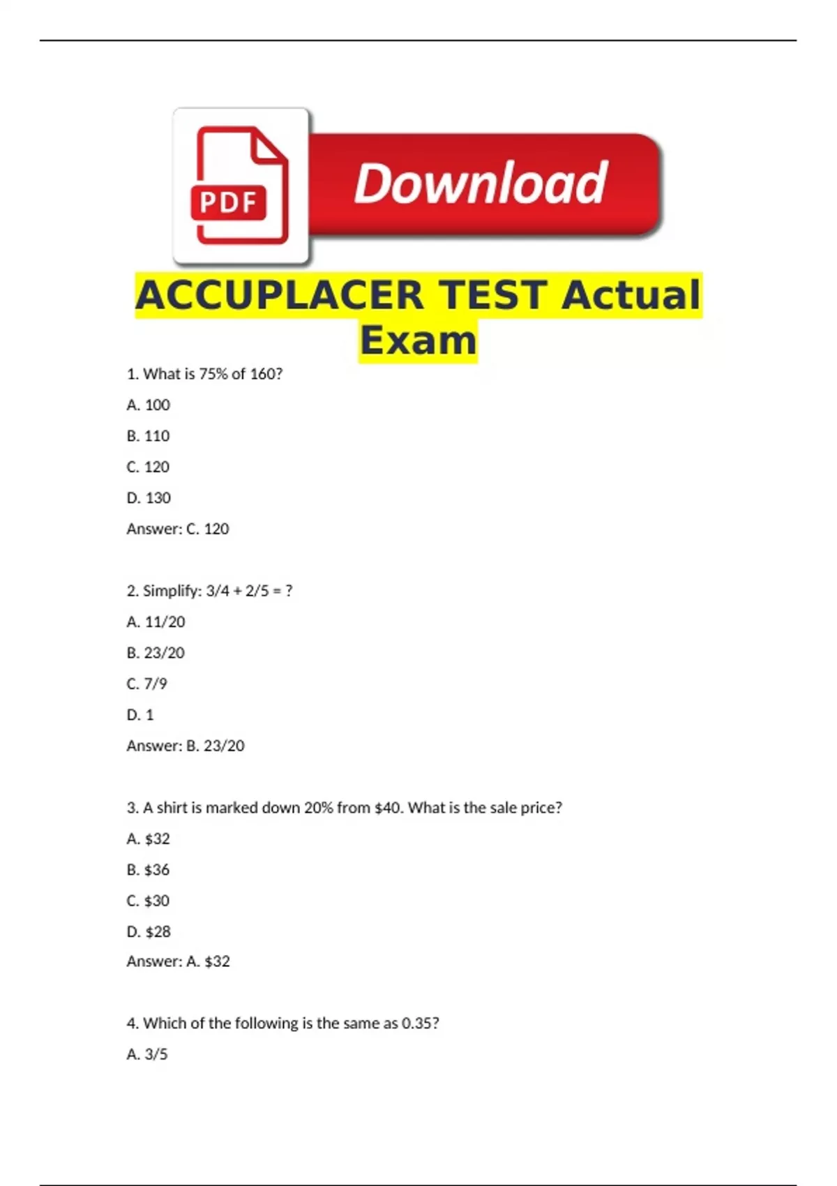 ACCUPLACER TEST Actual 2025 Exam with 100 Questions & Answers (Latest ...