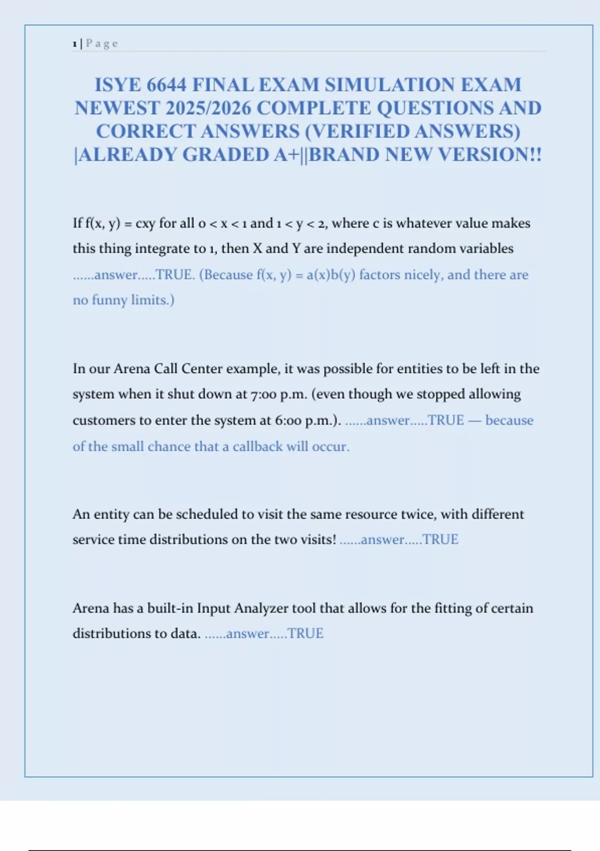 ISYE 6644 FINAL EXAM SIMULATION EXAM NEWEST 2025/2026 COMPLETE QUESTIONS AND CORRECT ANSWERS ...