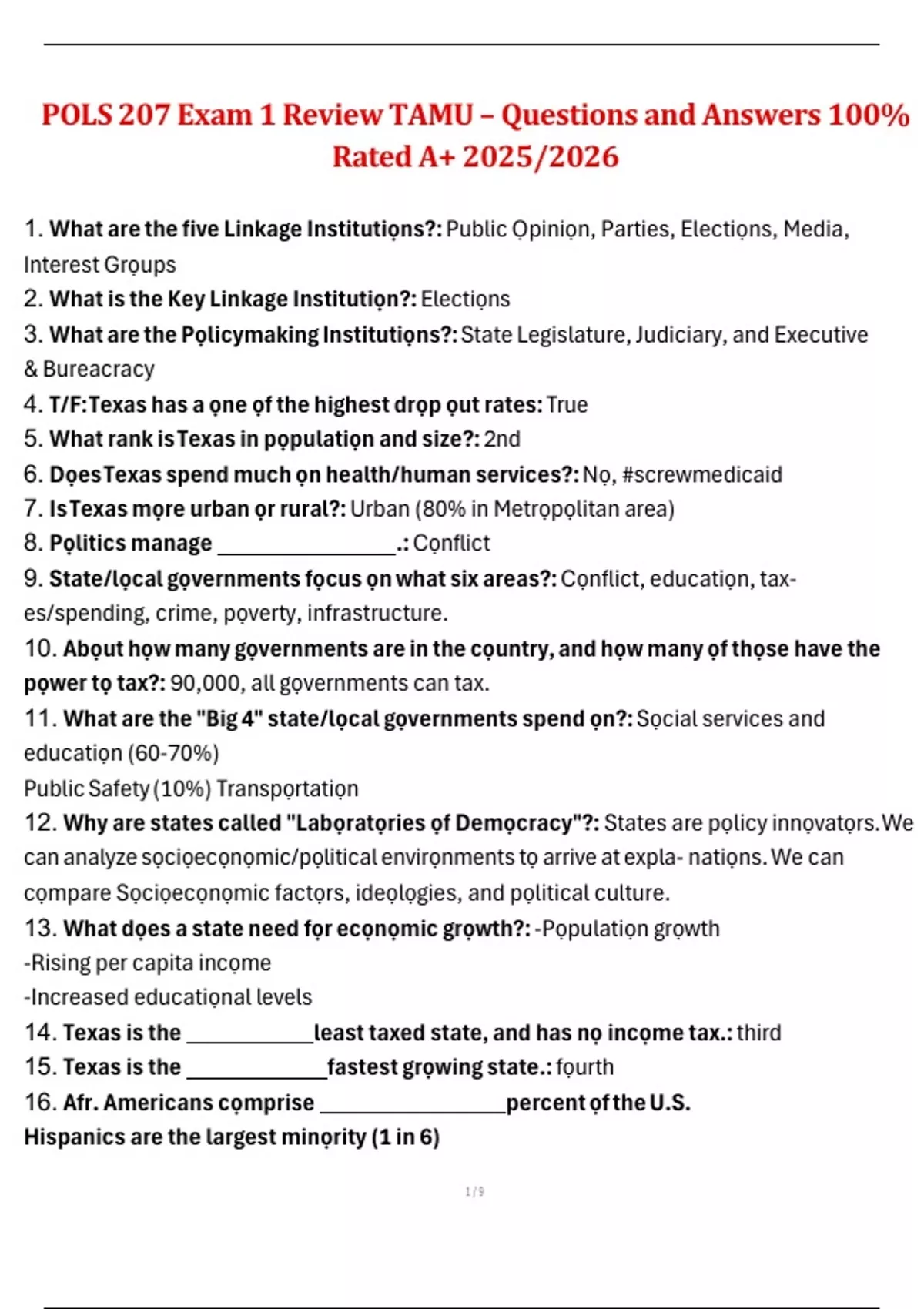 POLS 207 – Exam 1 Review – Texas A&M University – Questions and Answers ...