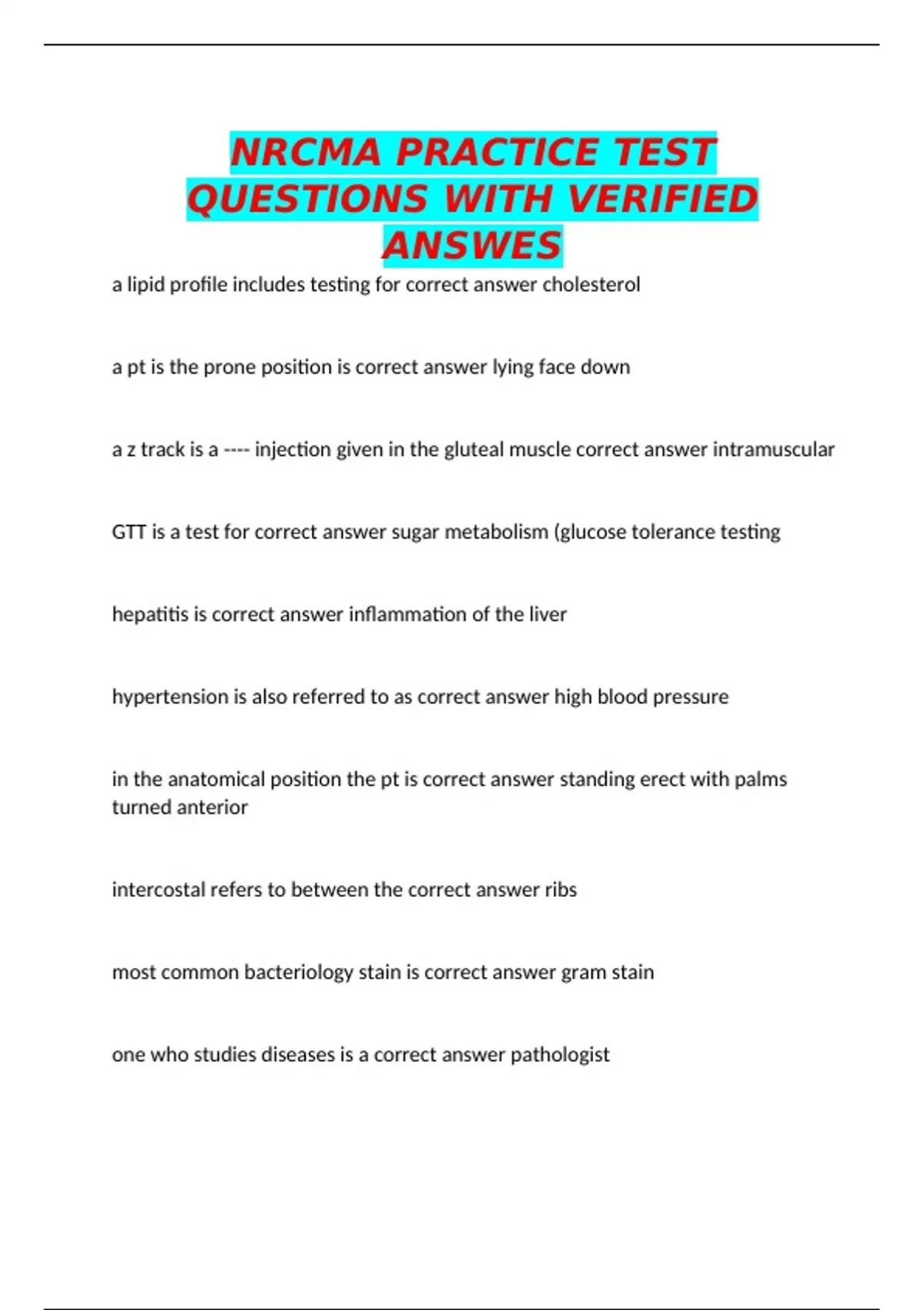 NRCMA PRACTICE TEST QUESTIONS WITH CORRECT ANSWERS - NRCMA - Stuvia US