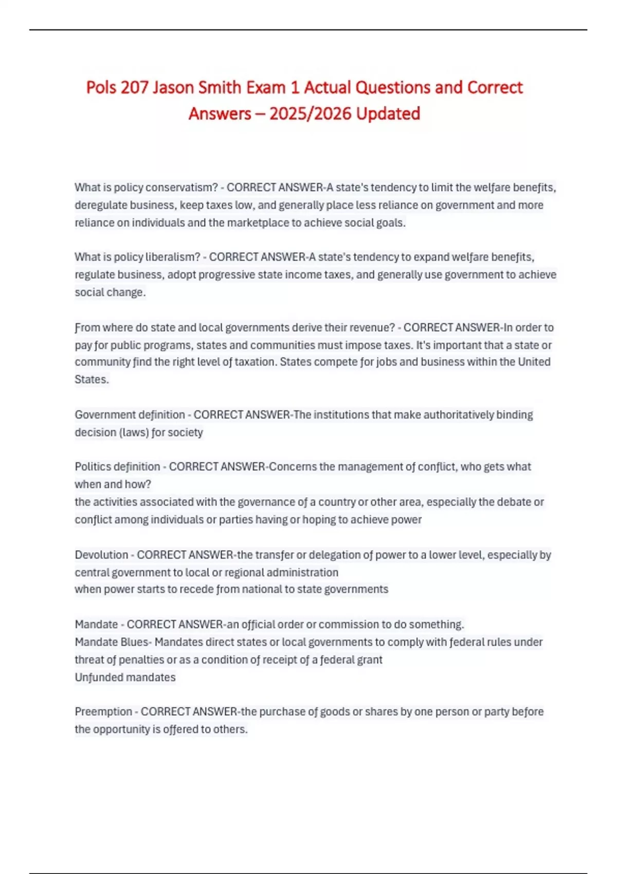 POLS 207 – Jason Smith – Exam 1 Actual Questions and Correct Answers ...