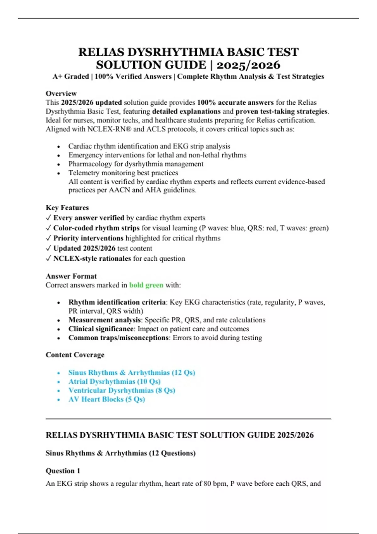 RELIAS Dysrhythmia Basic Test Solution Guide | 2025/2026 | A+ Graded ...
