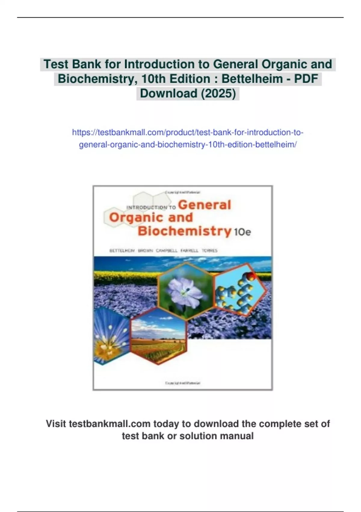 Summary Test Bank for Introduction to General Organic and Biochemistry ...