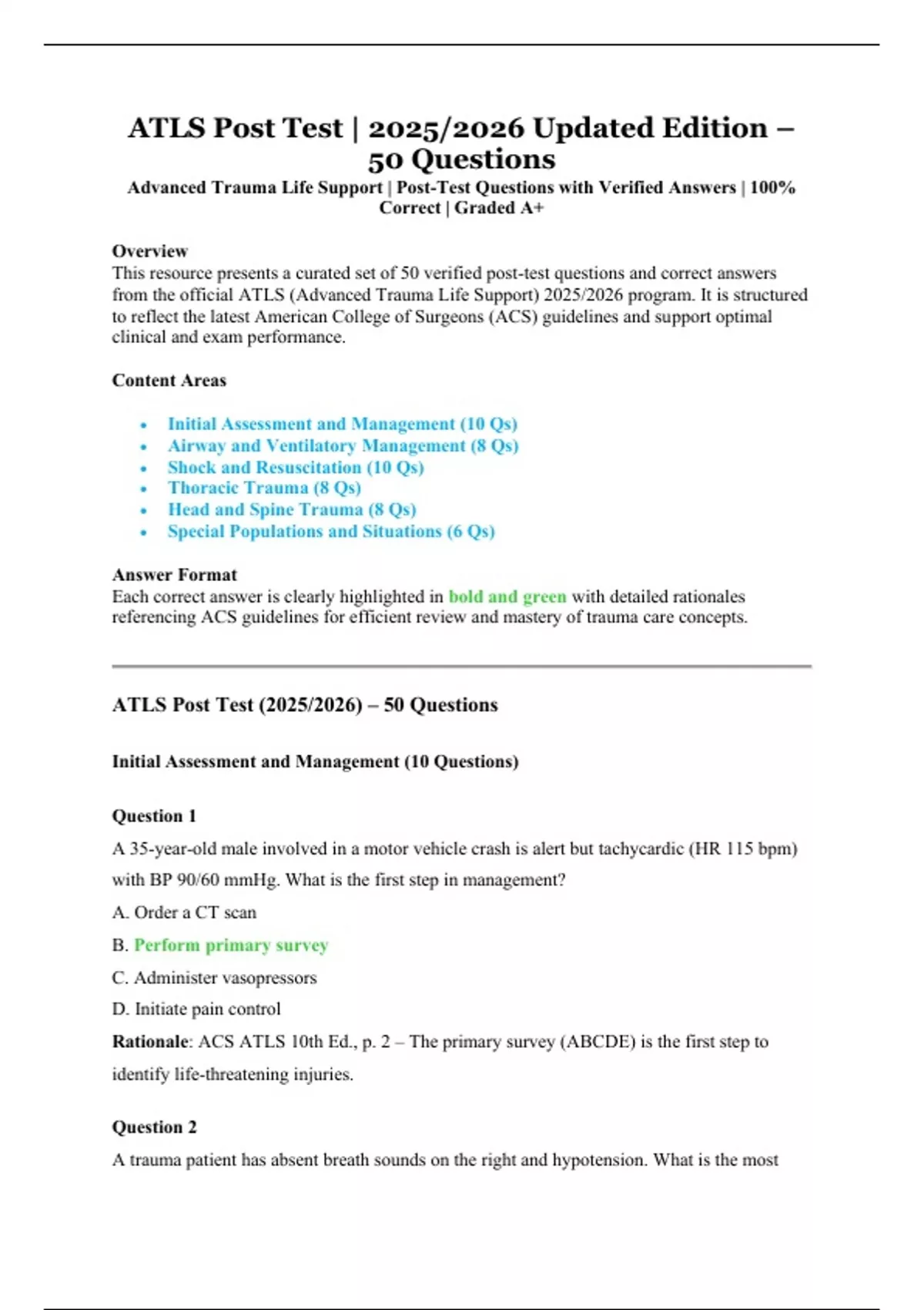 ATLS Post-Test | 2025/2026 Updated Edition – 50 Questions | Advanced ...