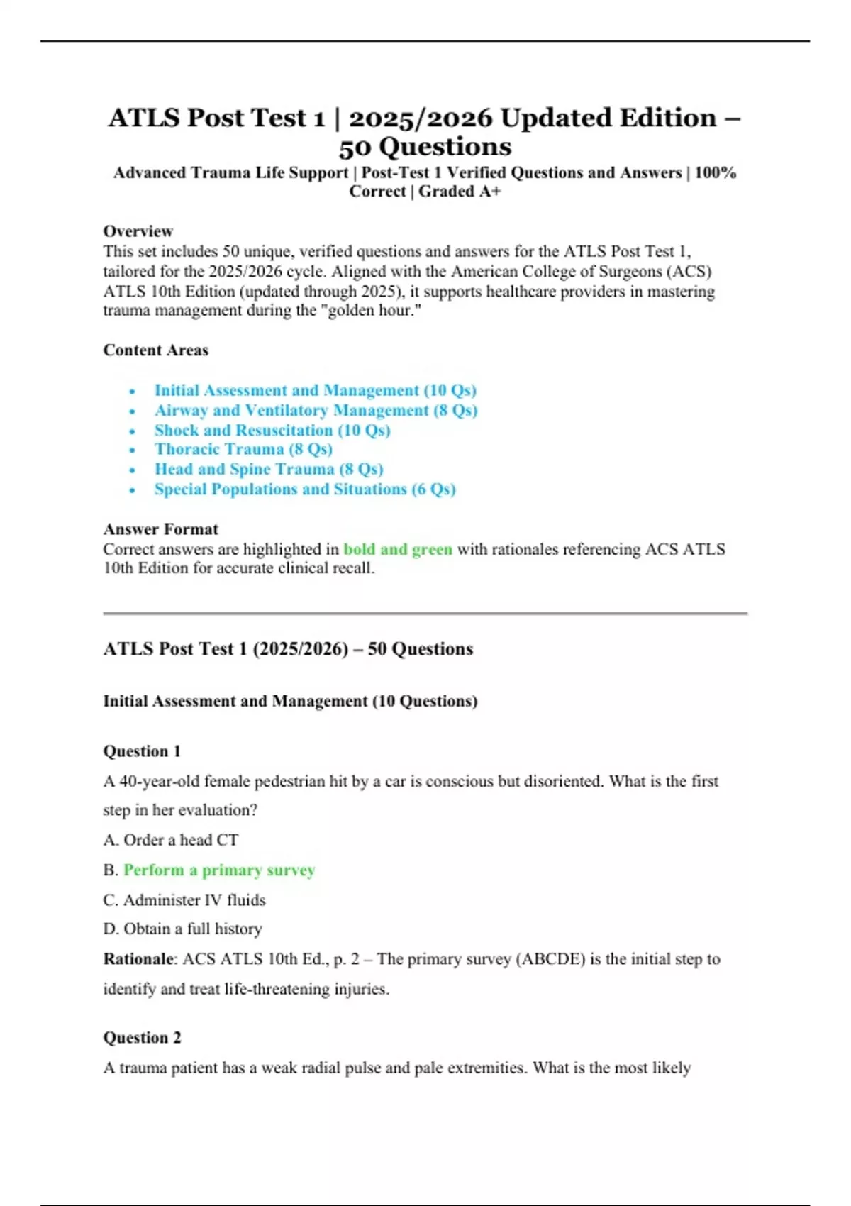 ATLS Post Test 1 | 2025/2026 Updated Edition – 50 Questions | Advanced ...