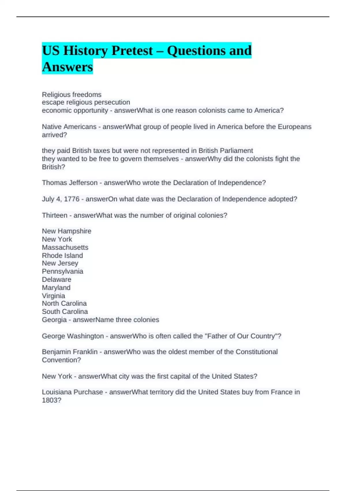 US History Pretest – Questions and Answers - US HISTORY - Stuvia US