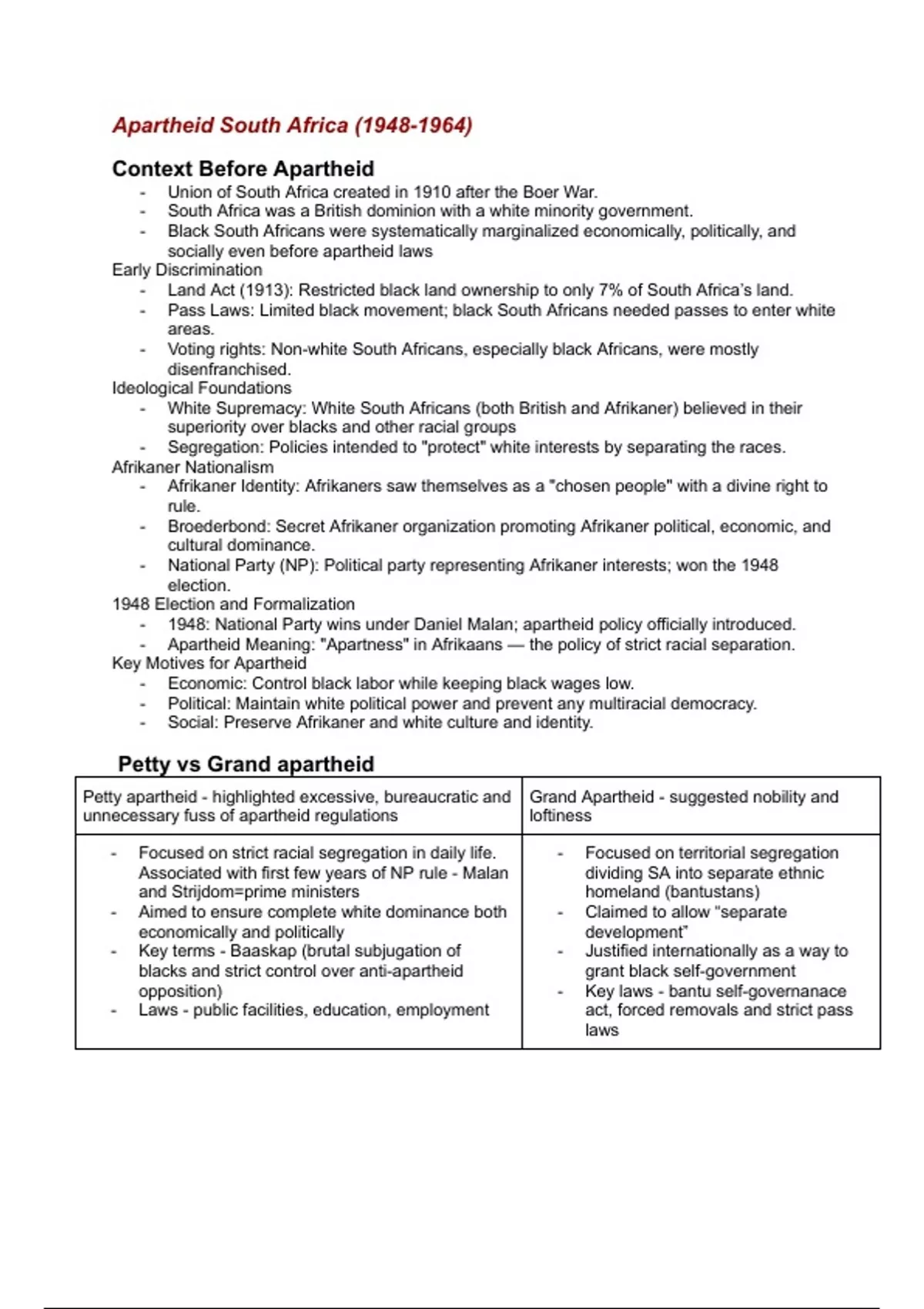 Summary IB history paper 1 apartheid case study notes - History in ...