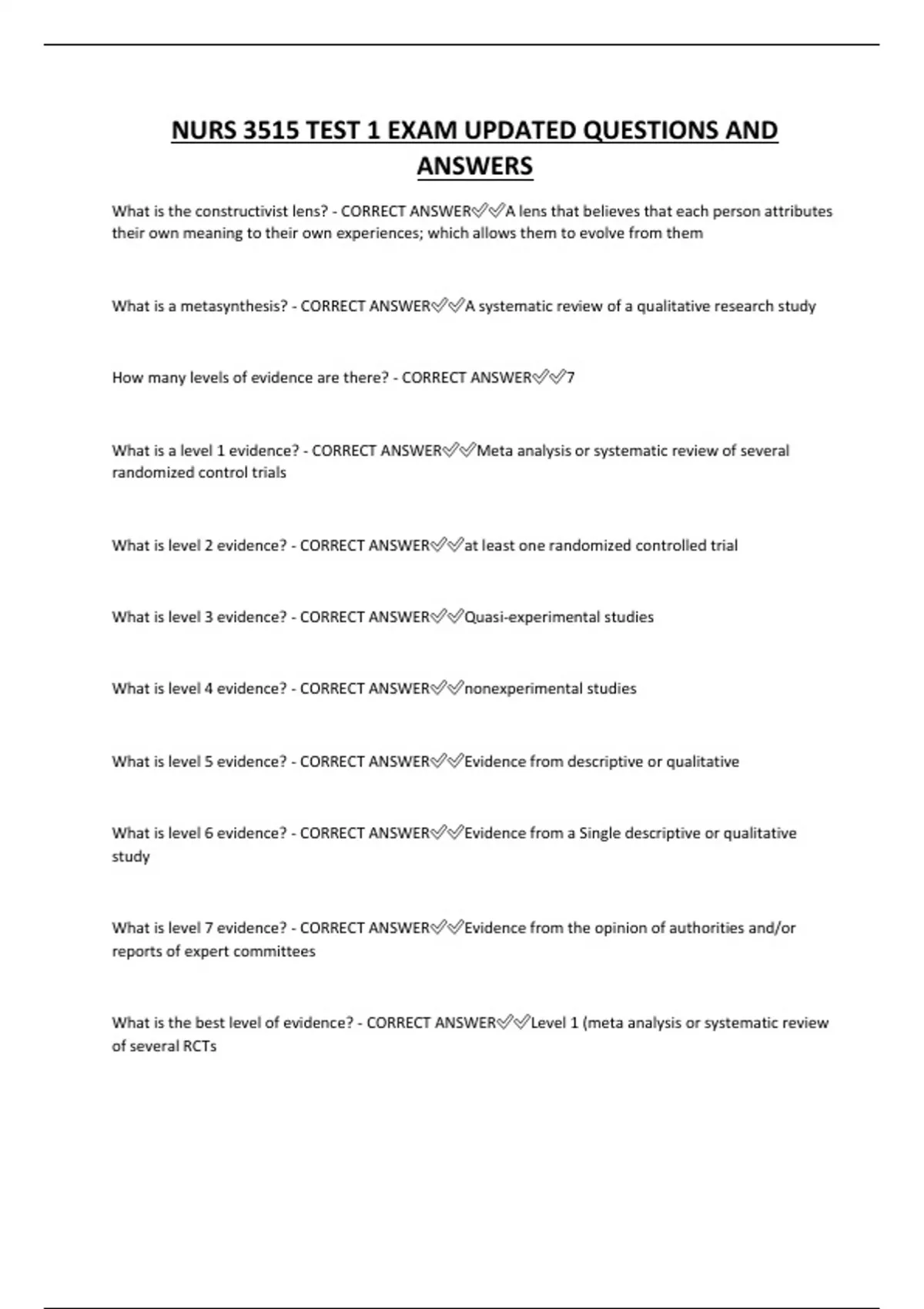 NURS 3515 TEST 1 EXAM UPDATED QUESTIONS AND ANSWERS - NURS 3515 - Stuvia US