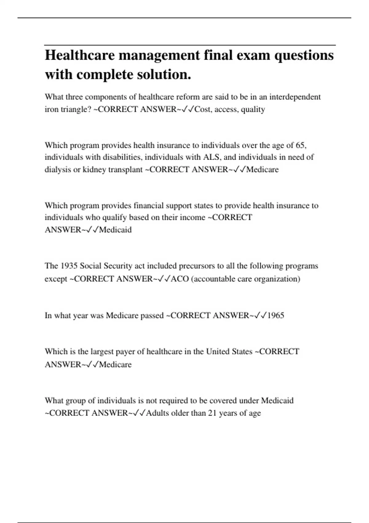 Healthcare Management Final Exam Questions & Comprehensive Solutions ...