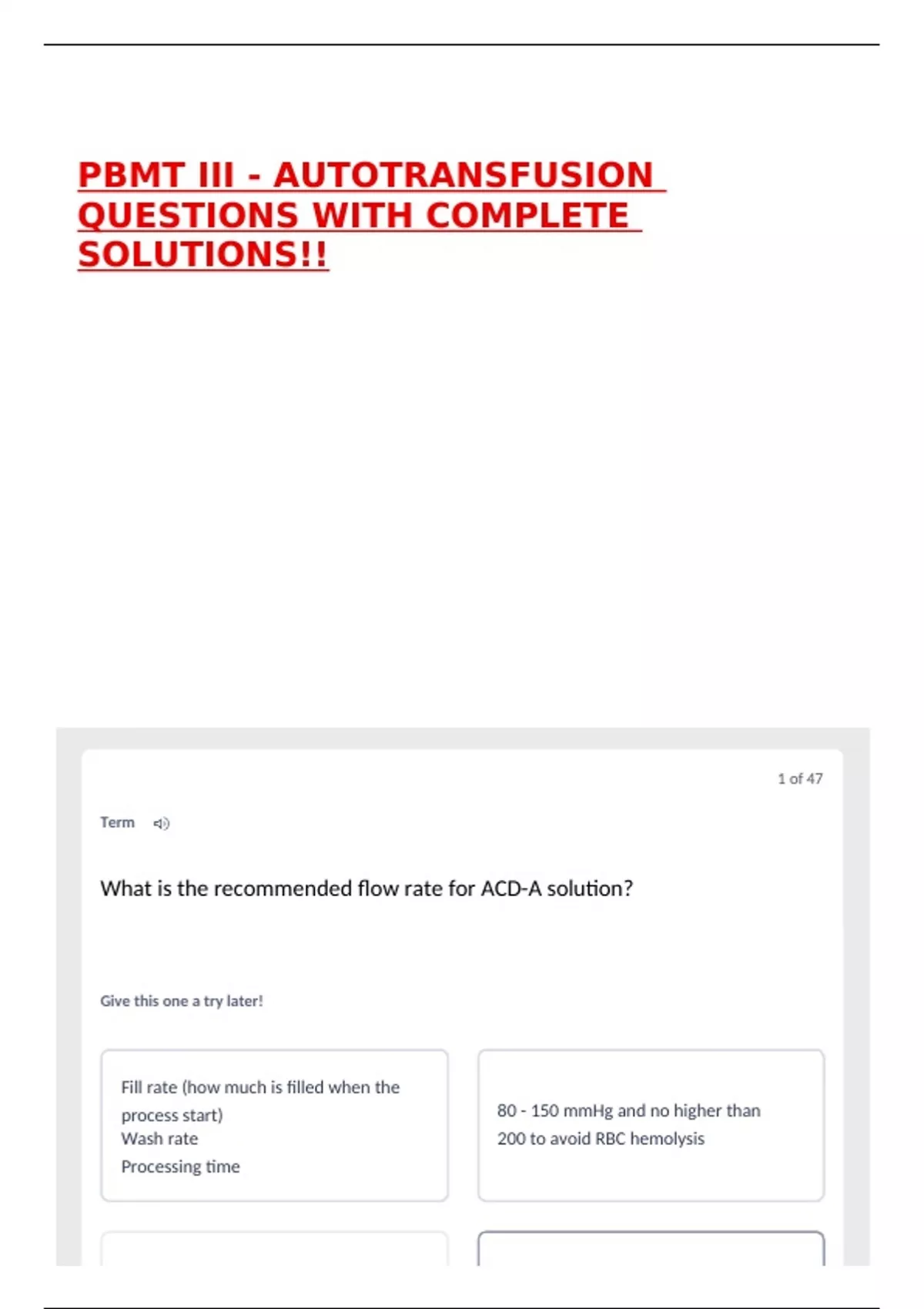 PBMT III - AUTOTRANSFUSION QUESTIONS WITH COMPLETE SOLUTIONS!! - PBMT ...