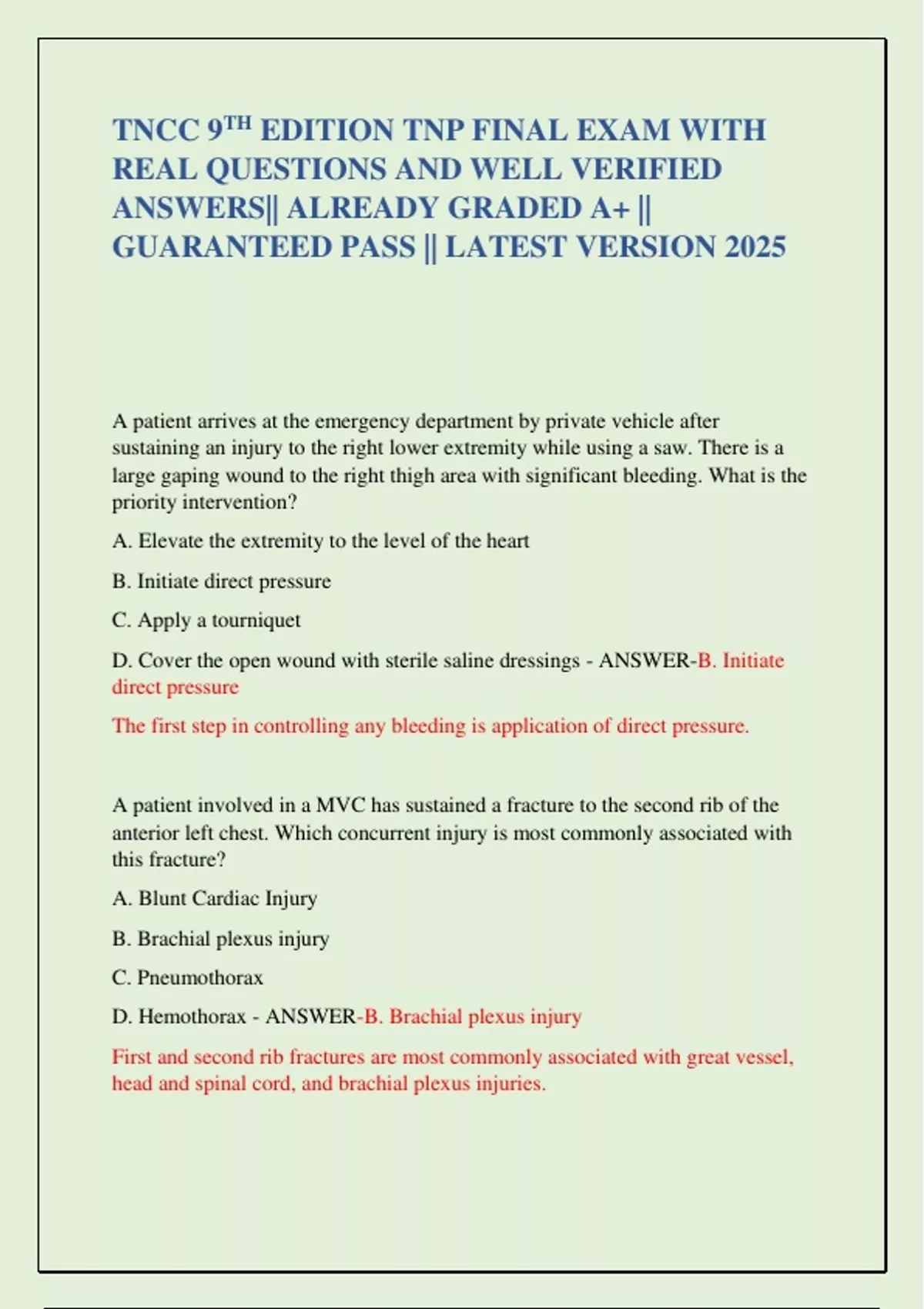 TNCC 9TH EDITION TNP FINAL EXAM WITH REAL QUESTIONS AND WELL VERIFIED ANSWERS|| ALREADY GRADED ...