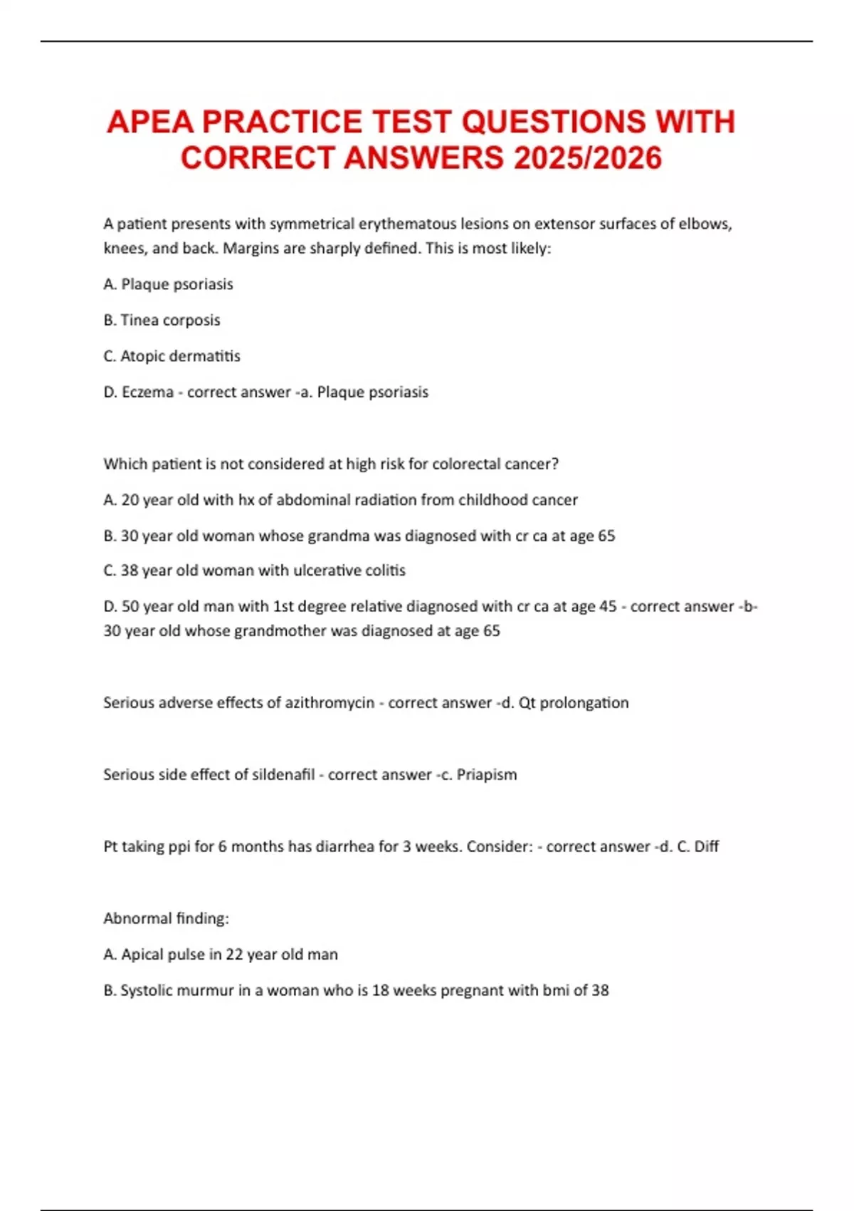 APEA PRACTICE TEST QUESTIONS WITH CORRECT ANSWERS 2025/2026 - APEA ...
