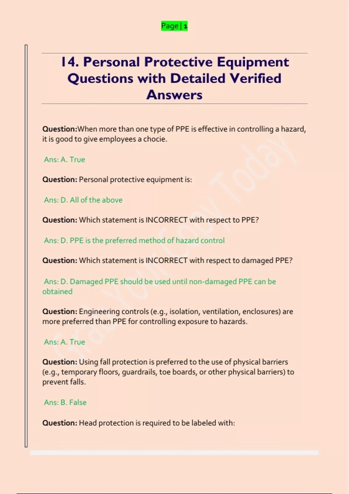 14. Personal Protective Equipment Questions with Detailed Verified ...