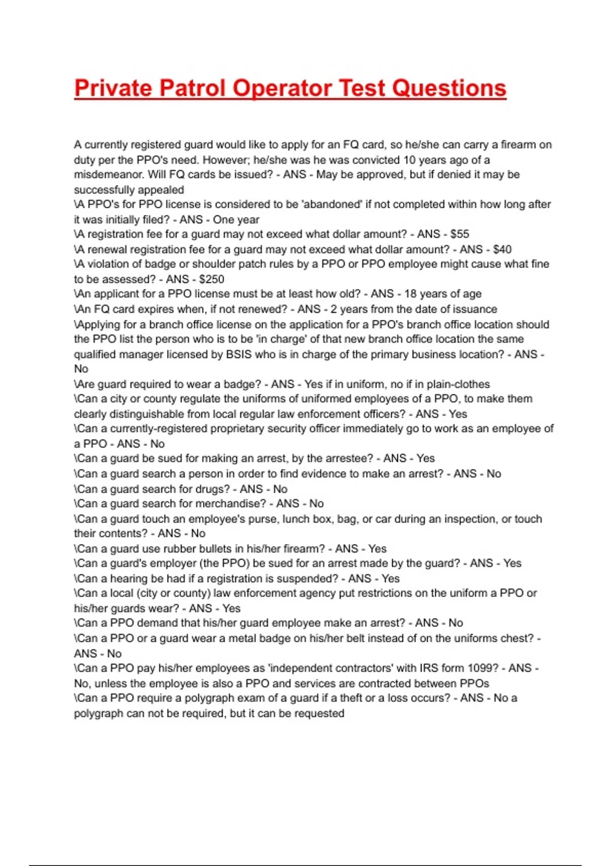 Private Patrol Operator Test Exam Questions With Correct Solutions 2025 ...